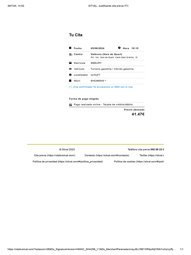 SITVAL. Justificante Cita Previa ITV | PDF