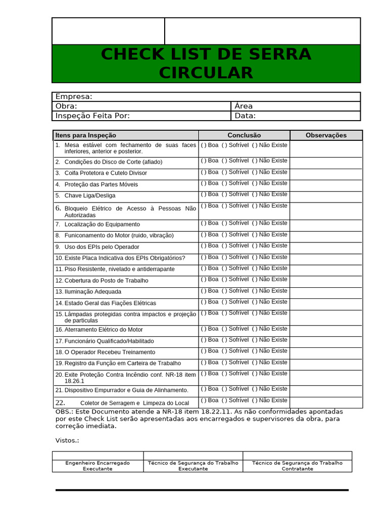 Check List Serra Circular - Elaboração Marcos | PDF