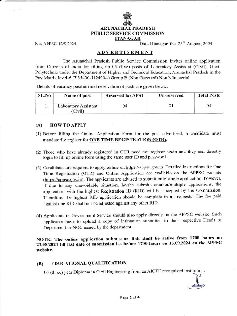 Arunachal Pradesh Laboratory Assistant Jobs | PDF