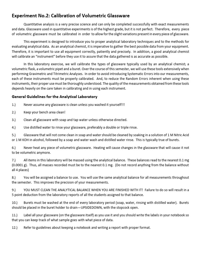 ANALYTICAL CHEM Experiment No. 2 GLASSWARE CALIB | PDF