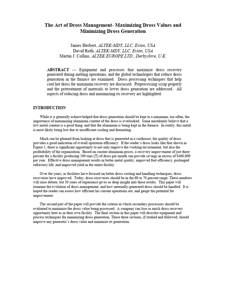 The Art of Dross Management-Maximizing Dross Values and Minimizing ...