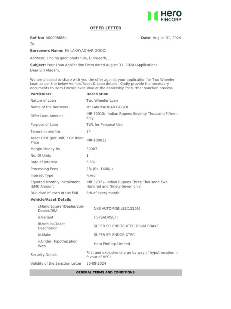Offer Letter: Ref No: A00008f88b Date: August 31, 2024 | PDF