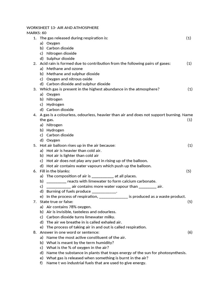 Air Worksheet 13 | PDF