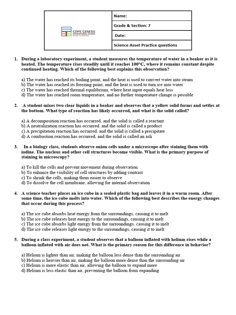 Science Asset Practice Questions Gr7 | PDF
