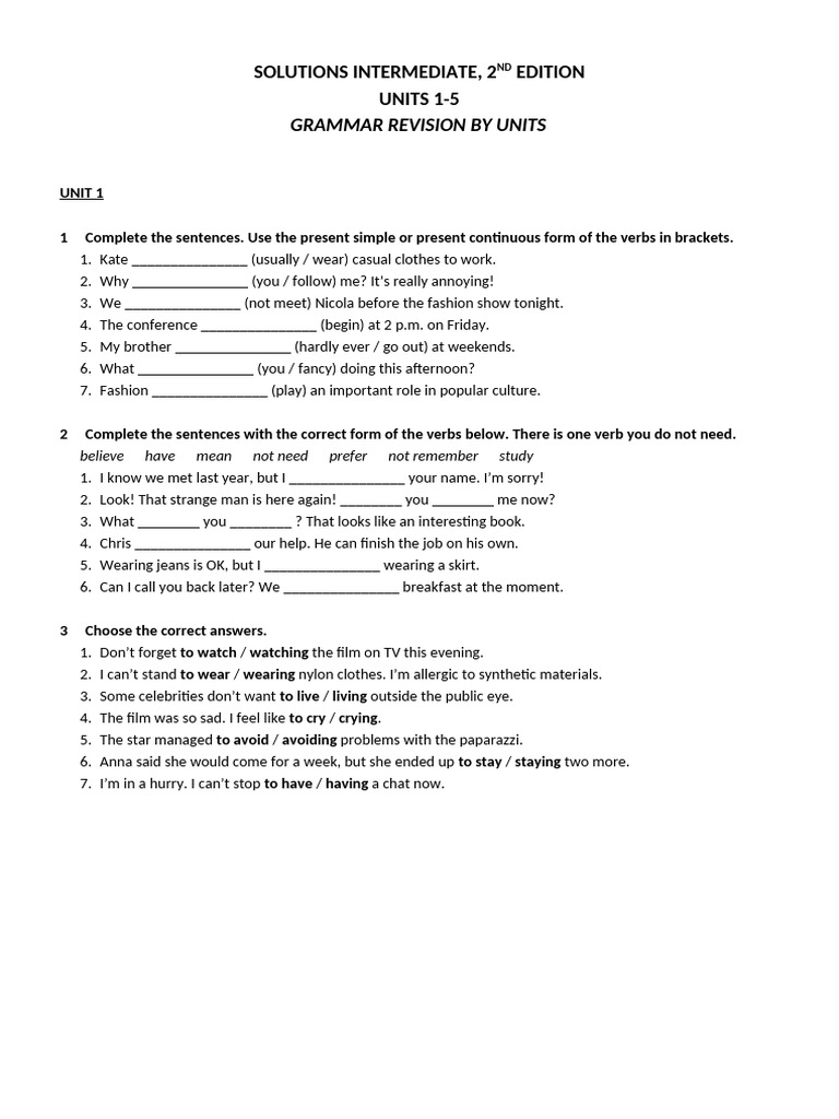 Sol Int 2, Units 1-5, Grammar Revision by Units | PDF