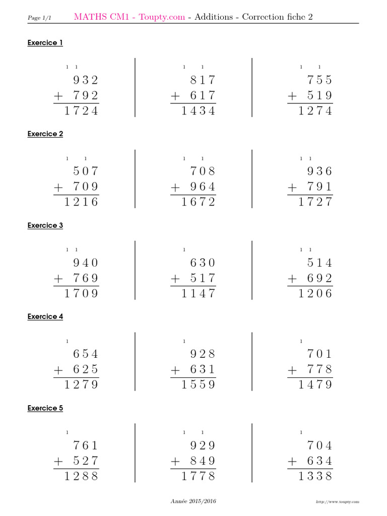 Addition Cm1 2 Corrige | PDF