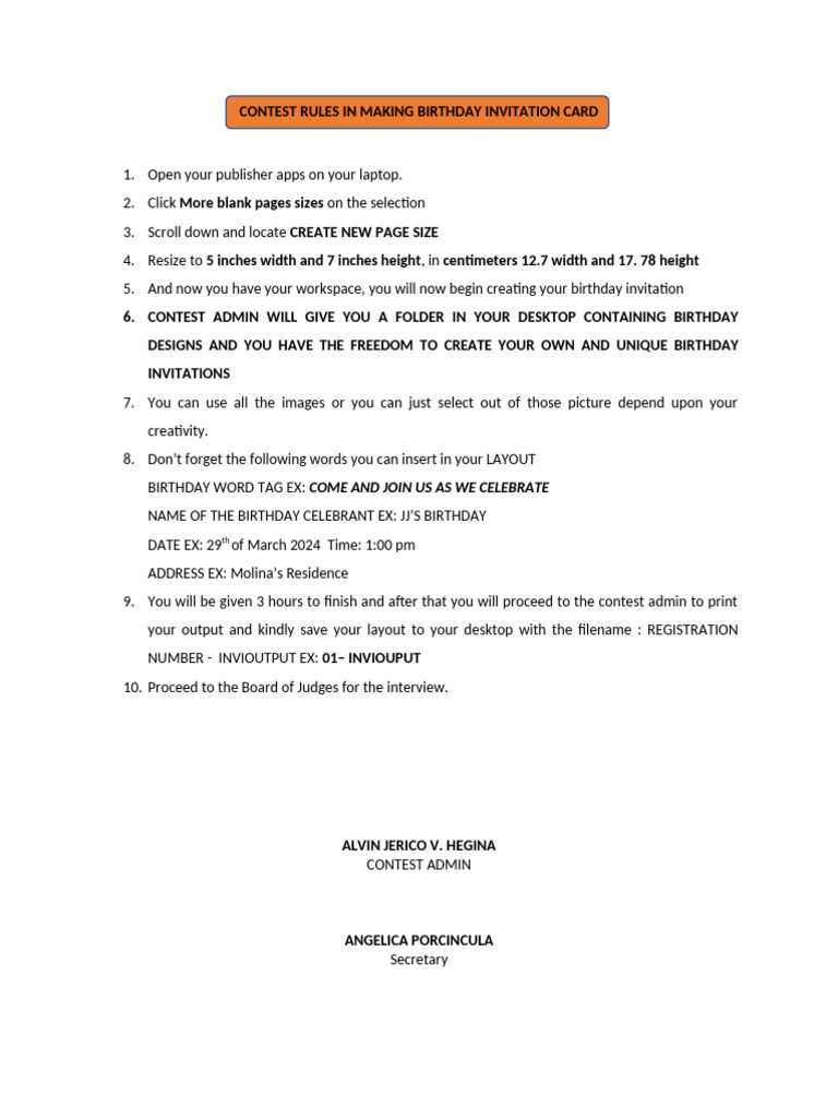 Contest Mechanics in Making Birthday Invitation Card | PDF