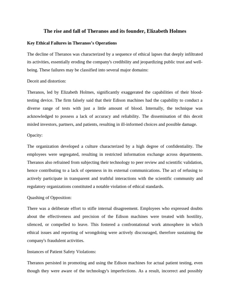 The Decline of Theranos Was Characterized by A Sequence of Ethical ...