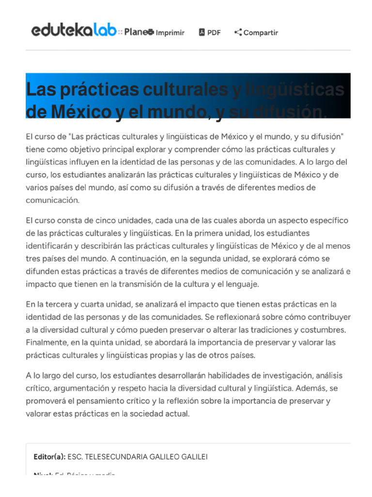 Las Prácticas Culturales Y Lingüísticas de México Y El Mundo, Y Su Difusión. | PDF