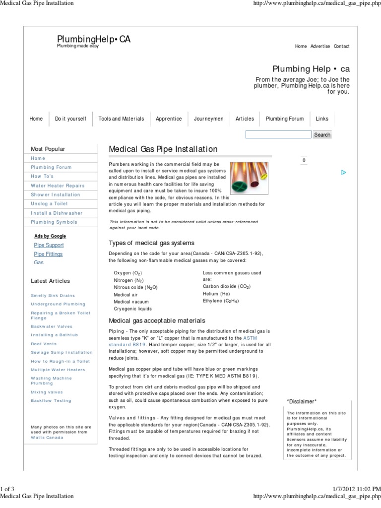 Medical Gas Pipe Installation | PDF | Plumbing | Pipe (Fluid Conveyance)
