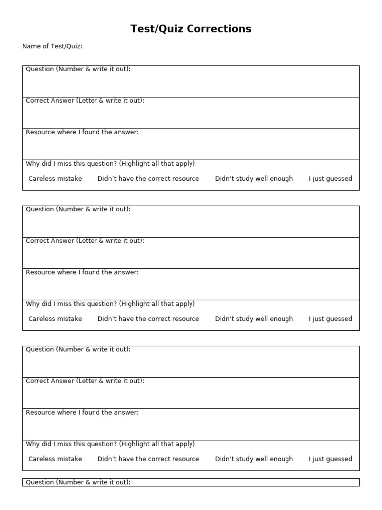 Exam Corrections Fillable Form | PDF