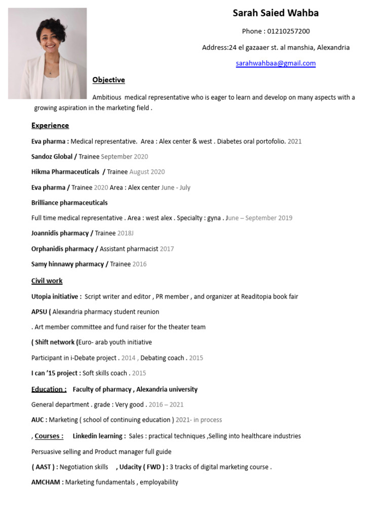 Sarah Wahba - Medical Rep - Docx-1 | PDF