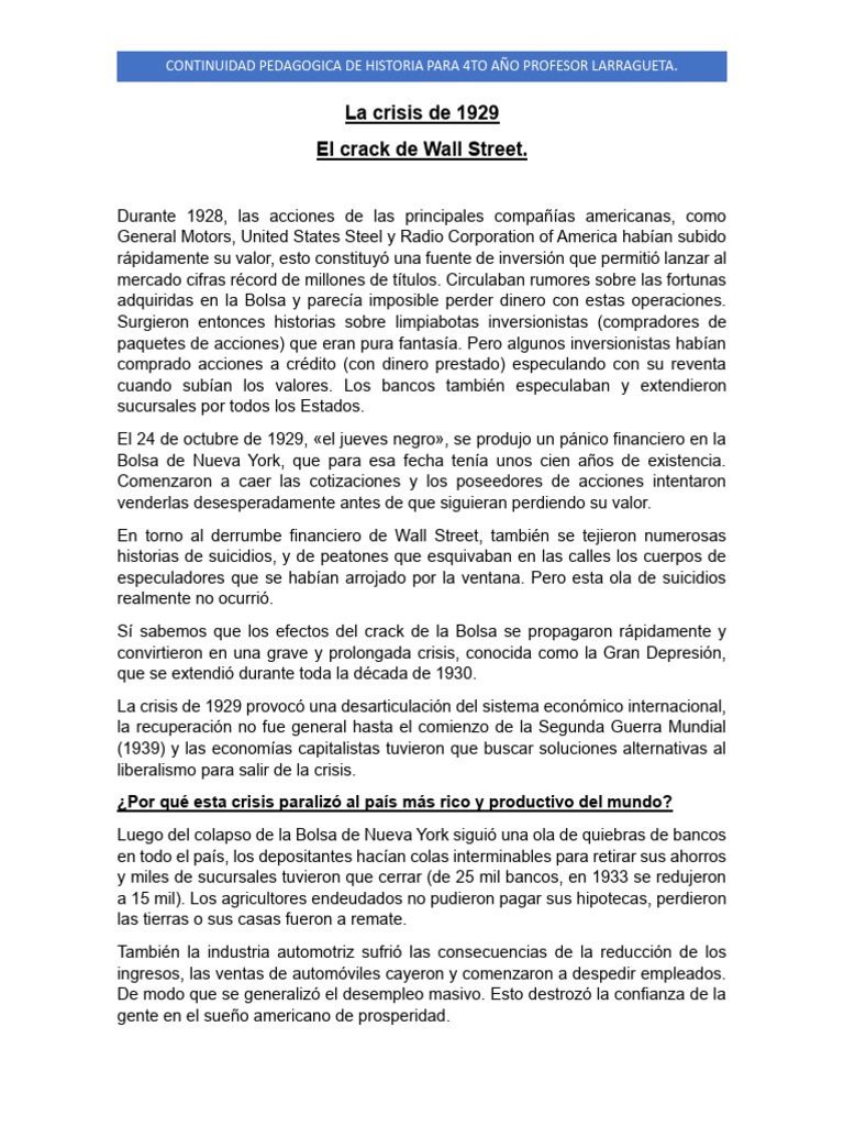 La Crisis de 1929 para 4to Año. | PDF