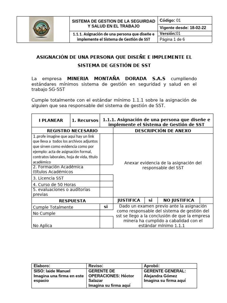 1 1 1 Asignacion de Una Persona Que Disene e Implemente El Sistema de ...