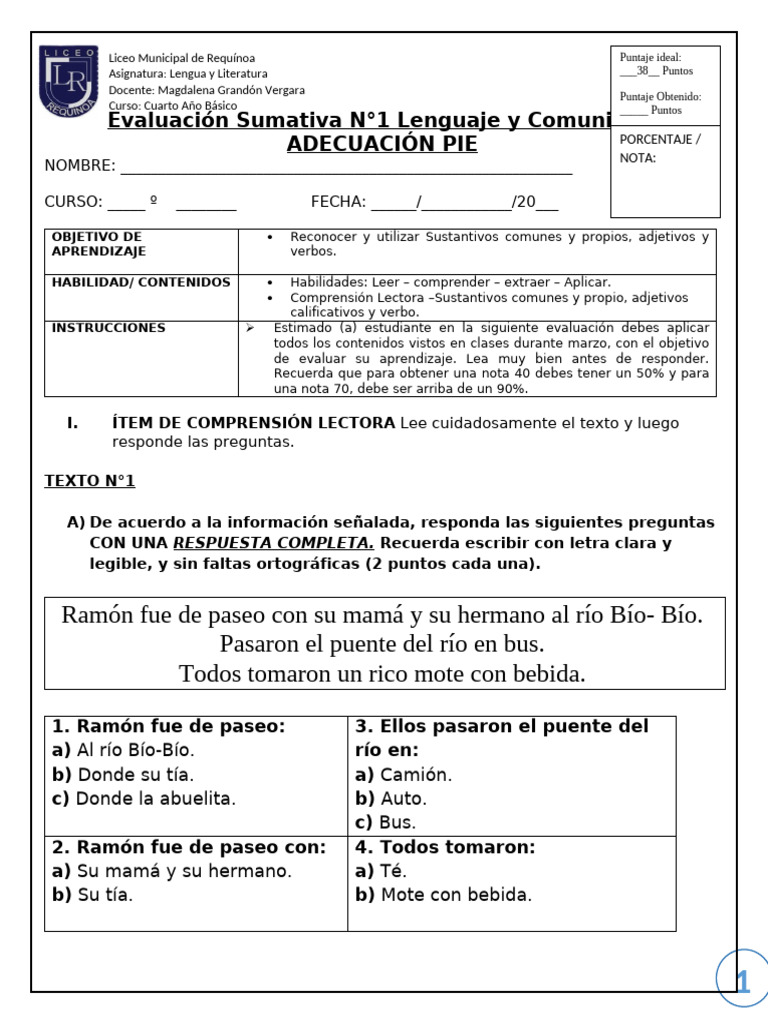 Evaluación Sumativa N°1 Lenguaje 4° Adecuacion Pie Pdf 2315