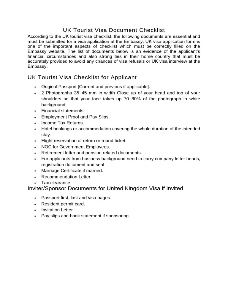 UK Tourist Visa Document Checklist | PDF
