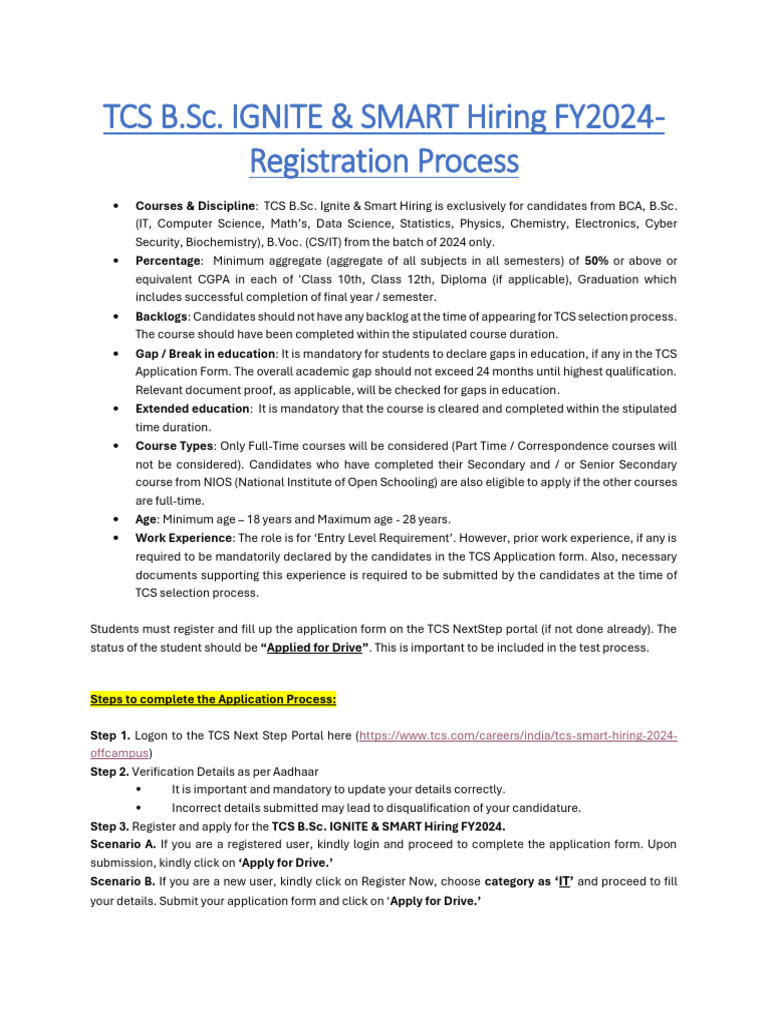 TCS B.sc. IGNITE & SMART Hiring FY2024 - Registration Process Guide | PDF