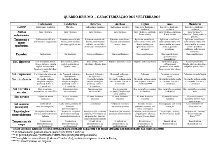 Quadro Resumo Vertebrados | PDF