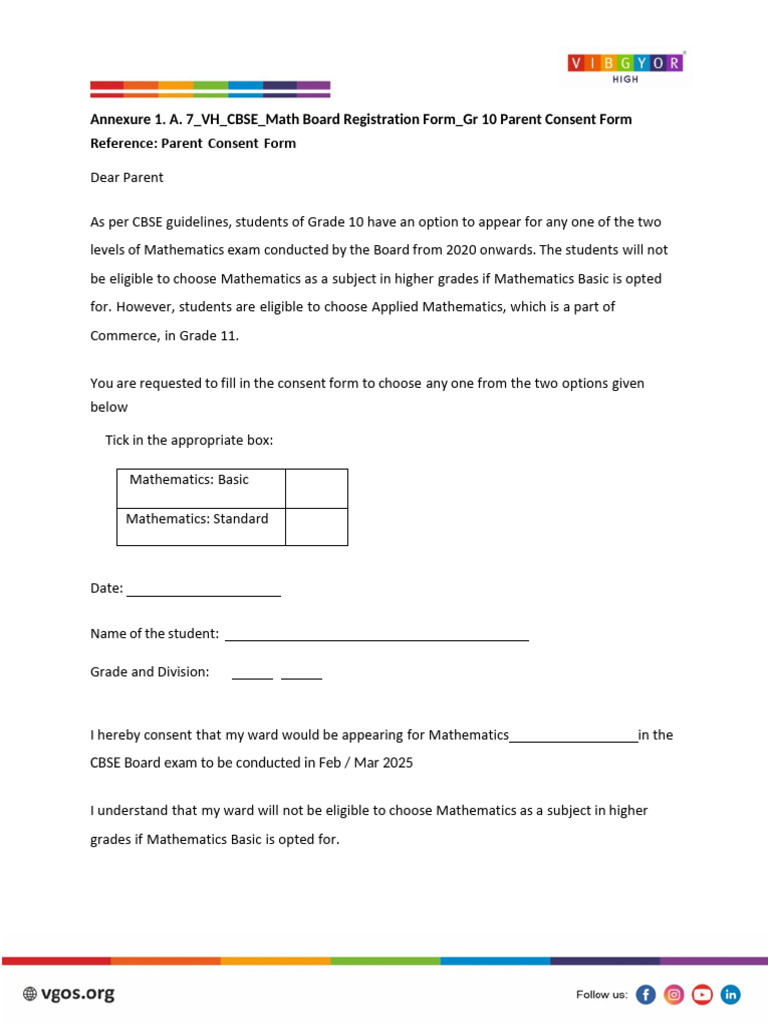 Annexure 1. A. 7 - VH - Cbse - Math Board Registration Form - GR 10 ...