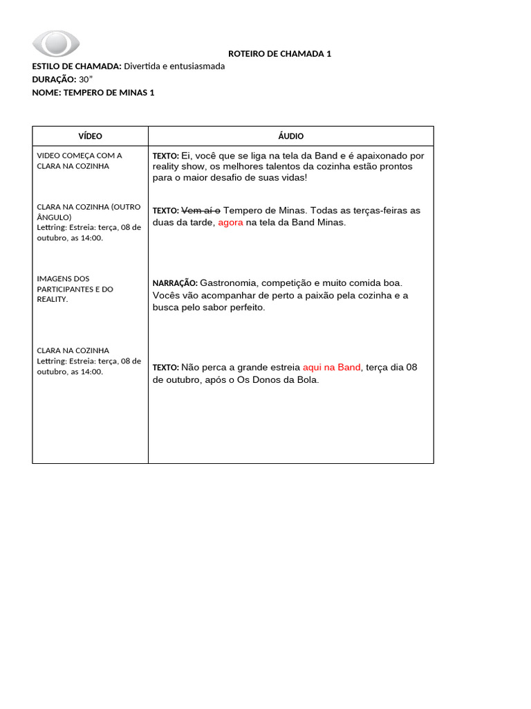 Roteiro 1 - Chamada Tempero de Minas | PDF