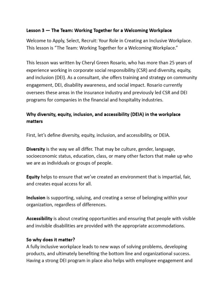Lesson 3 The Team Working Together For A Welcoming Workplace PDF | PDF ...