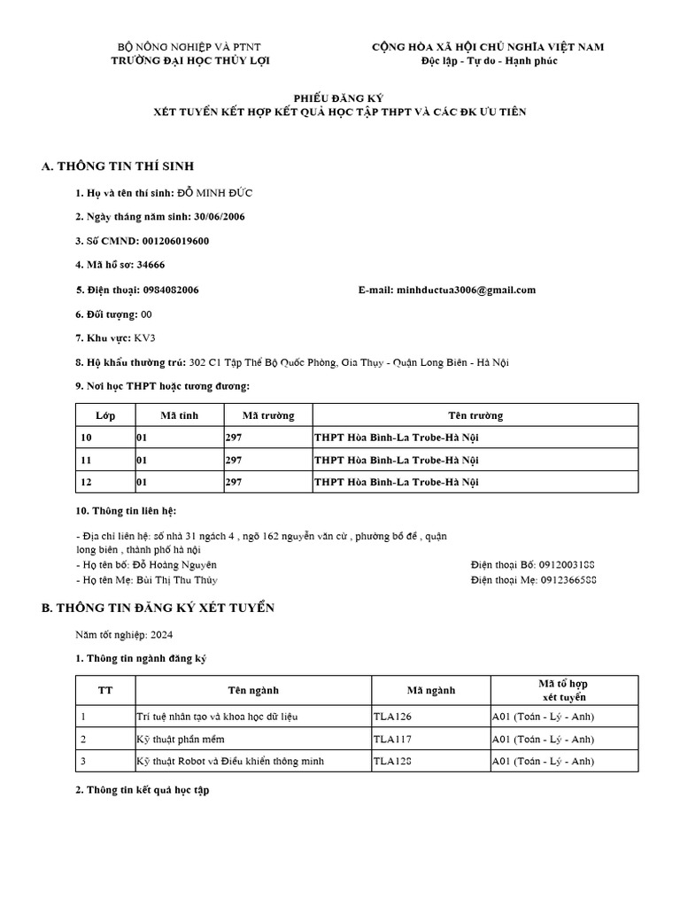 A. Thông Tin Thí Sinh | PDF