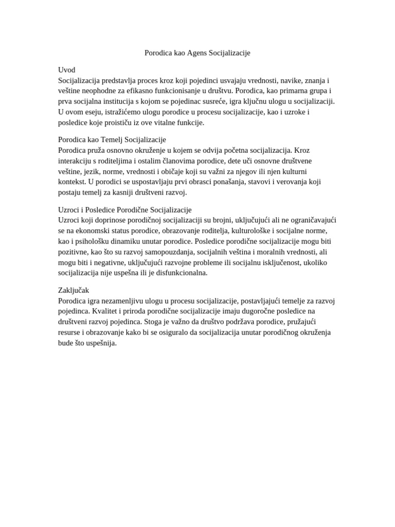Porodica Kao Agens Socijalizacije 3 | PDF