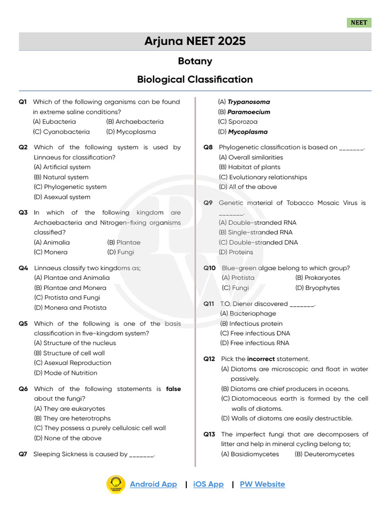Arjuna NEET 2025: Botany Biological Classification | PDF