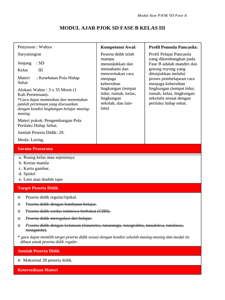 007 - PJOK - SD - Fase B - Kelas 3 - Pola Perilaku Hidup Sehat WAHYU SURYANINGRAT | PDF
