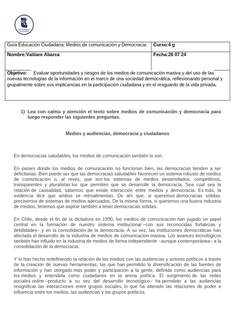 Prueba Medios de Comunicacion y Democracia Vaitiare | PDF