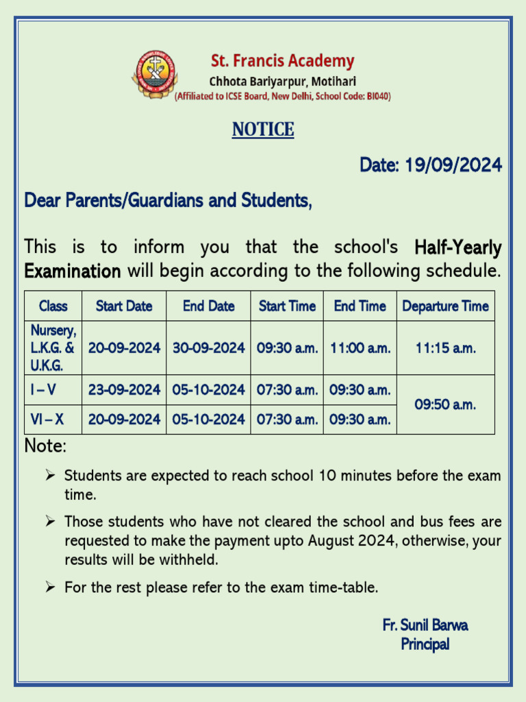Exam Notice To Students & Parents | PDF