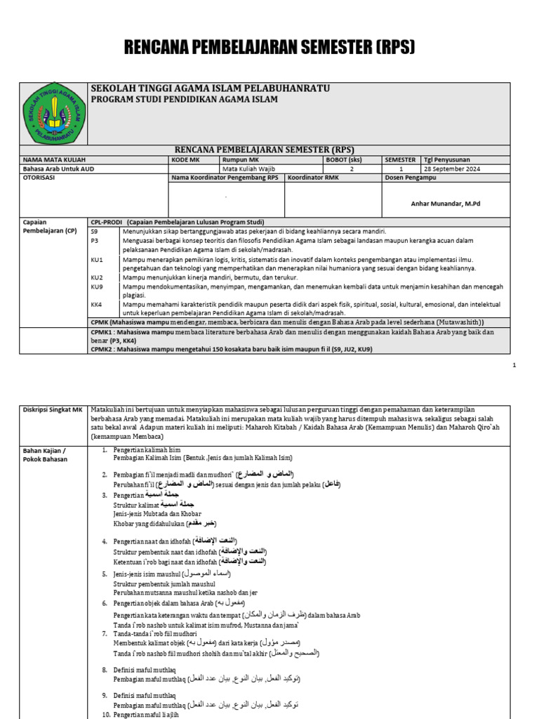 Silabus Dan RPS 2024 - BAHASA ARAB PAI 1 | PDF