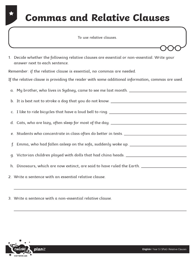 Y5 Friday 5th June Grammar Commas and Relative Clauses | PDF