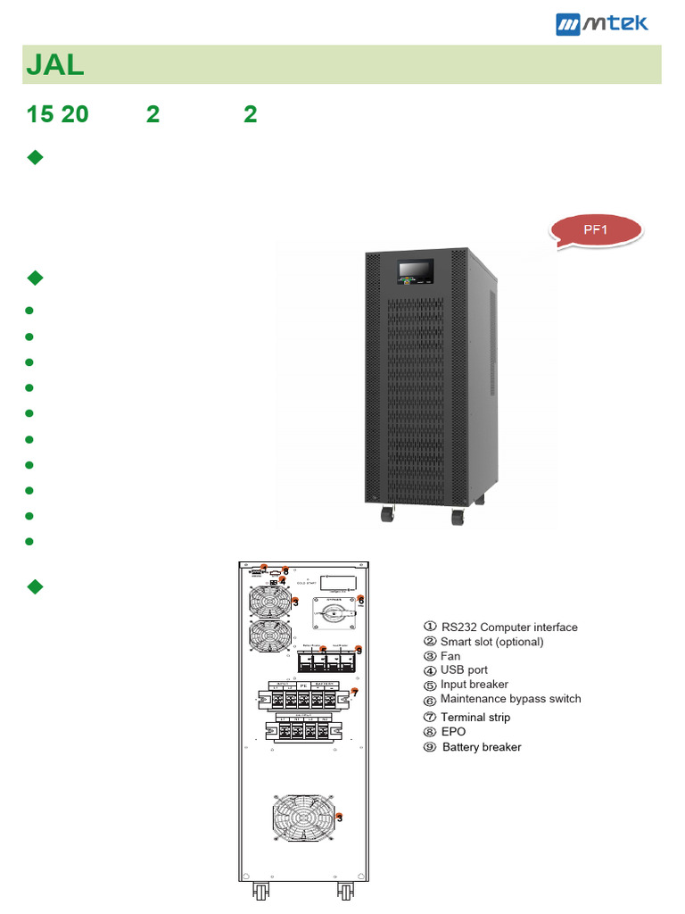 Ficha Técnica UPS Bifásica 15KVA - 20KVA FP 1 Marca MTEK | PDF