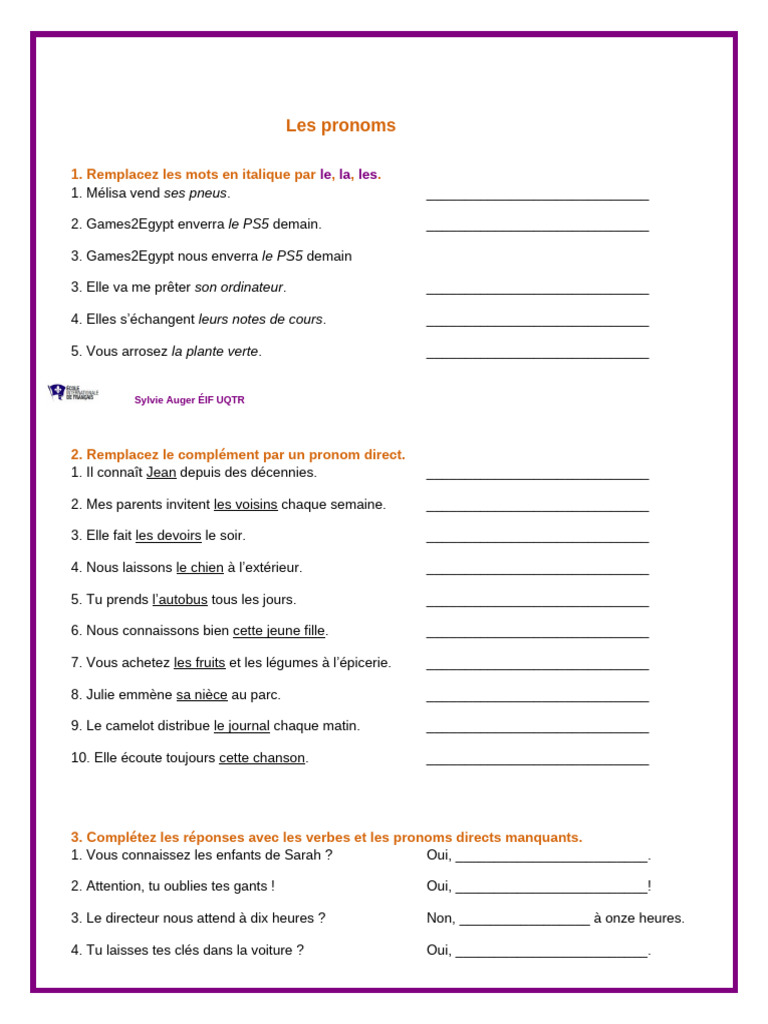 Les Pronoms Complements Direstc Et Indirects Exercices Et Corrige | PDF