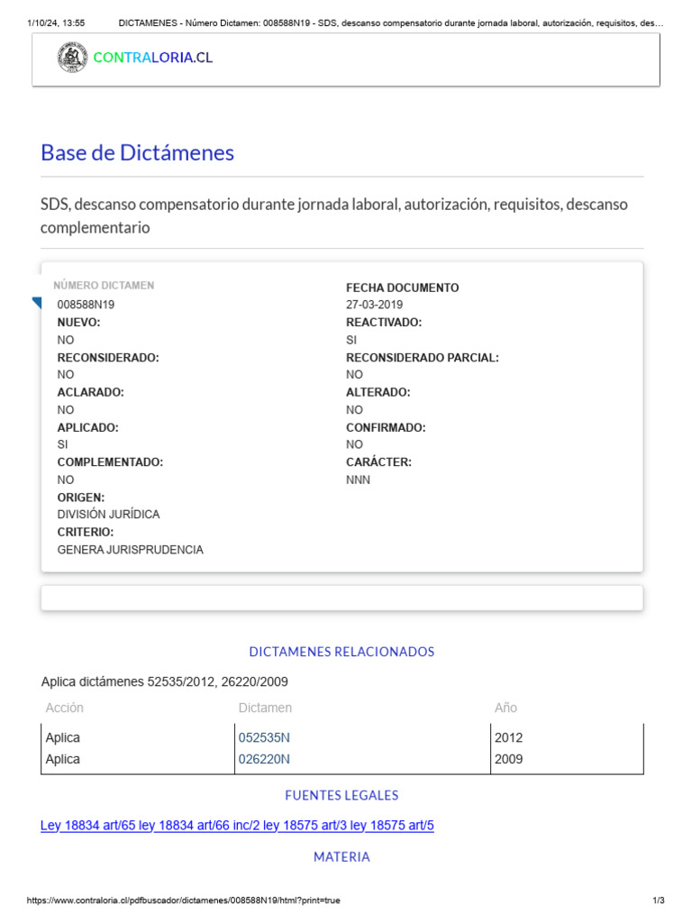 DICTAMENES - Número Dictamen - 008588N19 - SDS, Descanso Compensatorio Durante Jornada Laboral ...