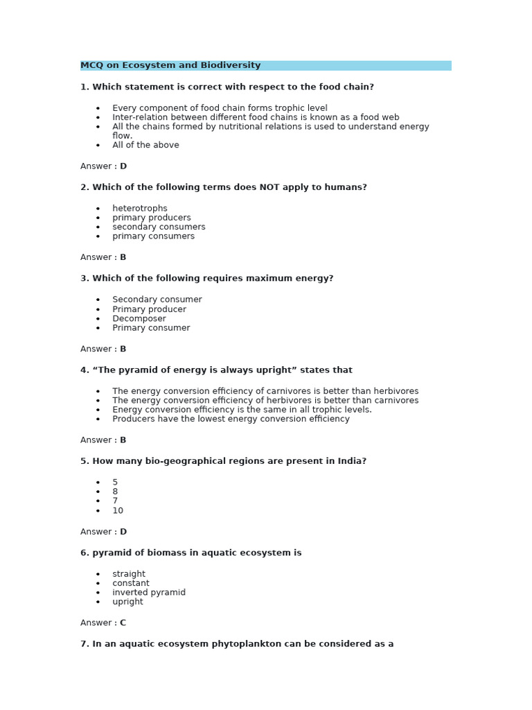 Mcq On Ecosystem And Biodiversity Pdf