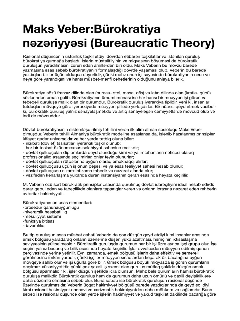 Maks VeberBürokratiya Nəzəriyyəsi (Bureaucratic Theory) | PDF