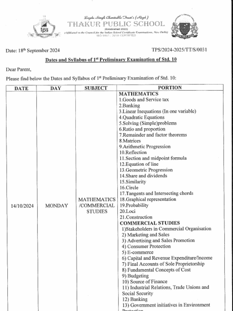 Dates and Syllabus of 1st Preliminary Examination of STD 10 | PDF