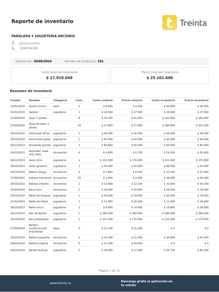 Reporte de Inventario: Pañalera Y Jugueteria Arcoiris | PDF