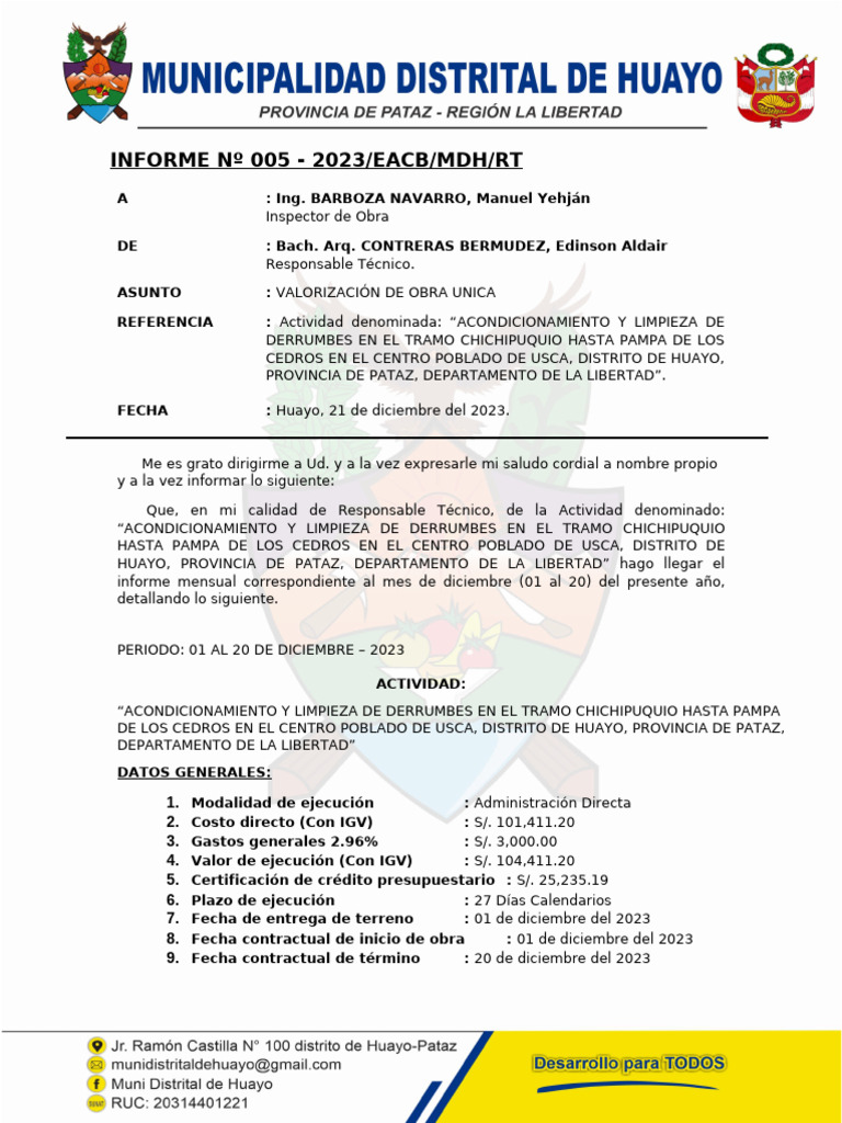 Informe Nro. 005 - MDH - Valorización Unica | PDF