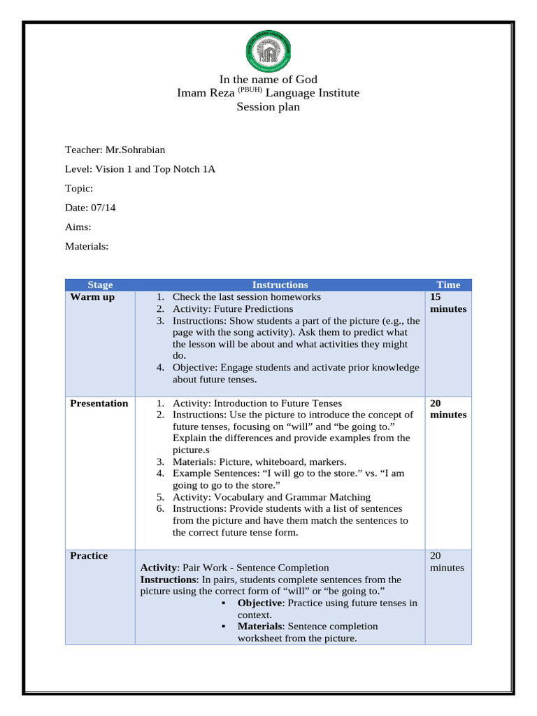 In The Name of God Imam Reza Language Institute Session Plan | PDF