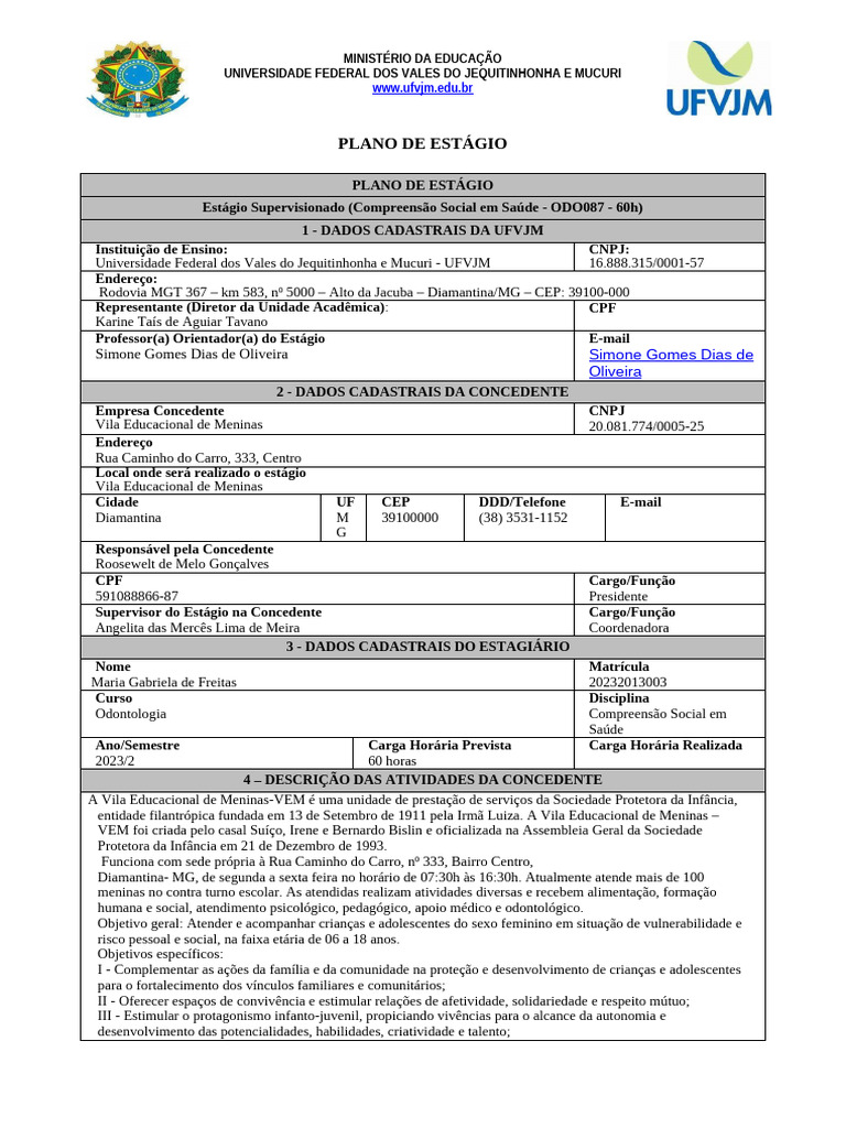 Plano Estágio - 2P - Maria Gabriela de Freitas | PDF