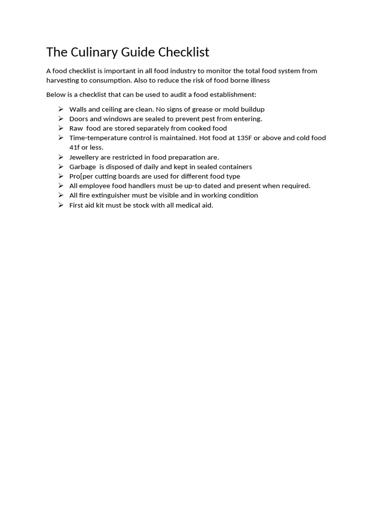 The Culinary Guide Checklist | PDF