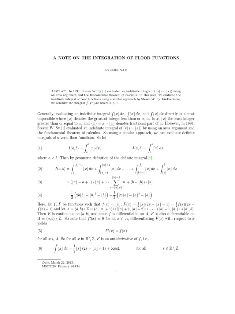 A Note On The Integration of Floor Functions | PDF