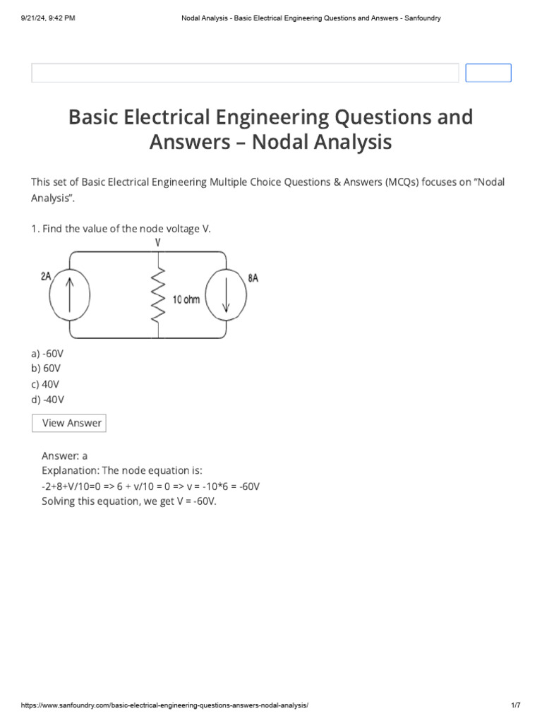 Nodal Analysis - Basic Electrical Engineering Questions and Answers - Sanfoundry | PDF