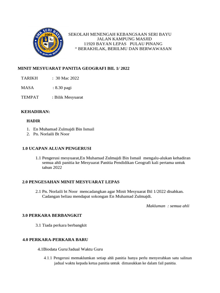 Minit Panitia 1 2022 GEOGRAFI | PDF