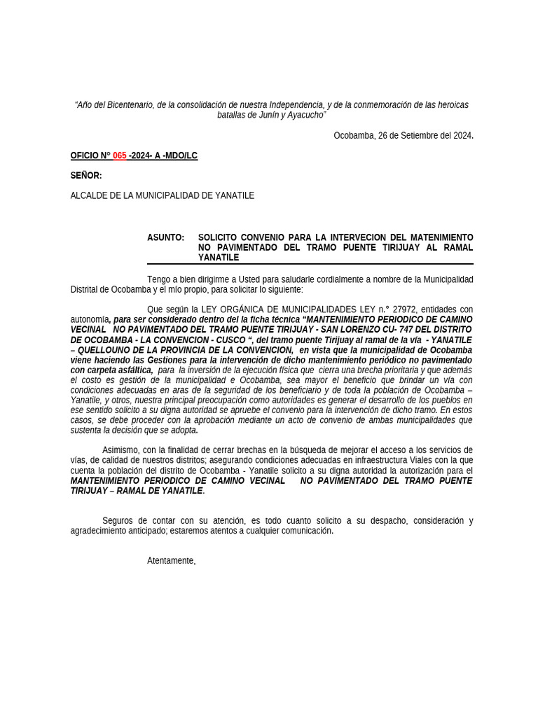 Oficio N°65 A Pronied de I.E. 50334 Ara Su Liquidacion | PDF