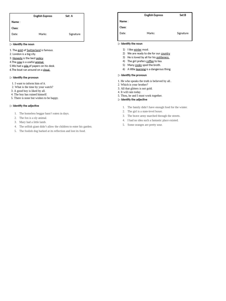 Noun Pronoun Adjective Pdf