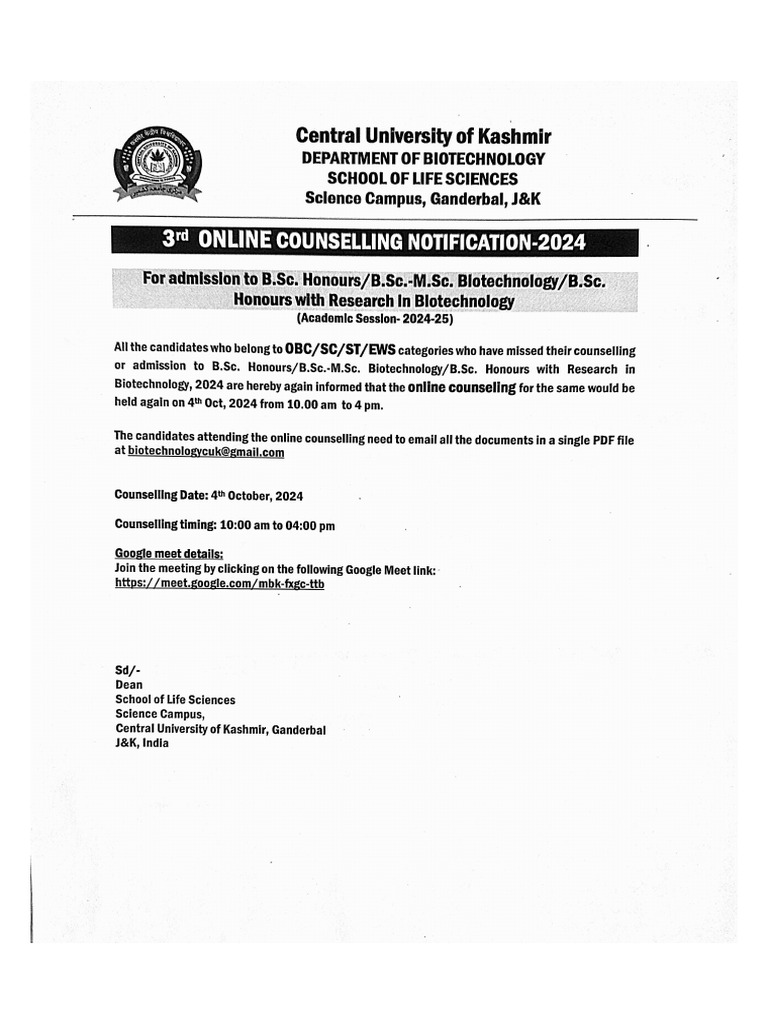 3rd Counselling Notice OBC EWS SC and ST Category | PDF